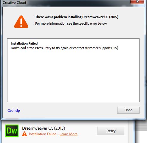 Solved: Dreamweaver install error (-55) - Adobe Community - 7330157
